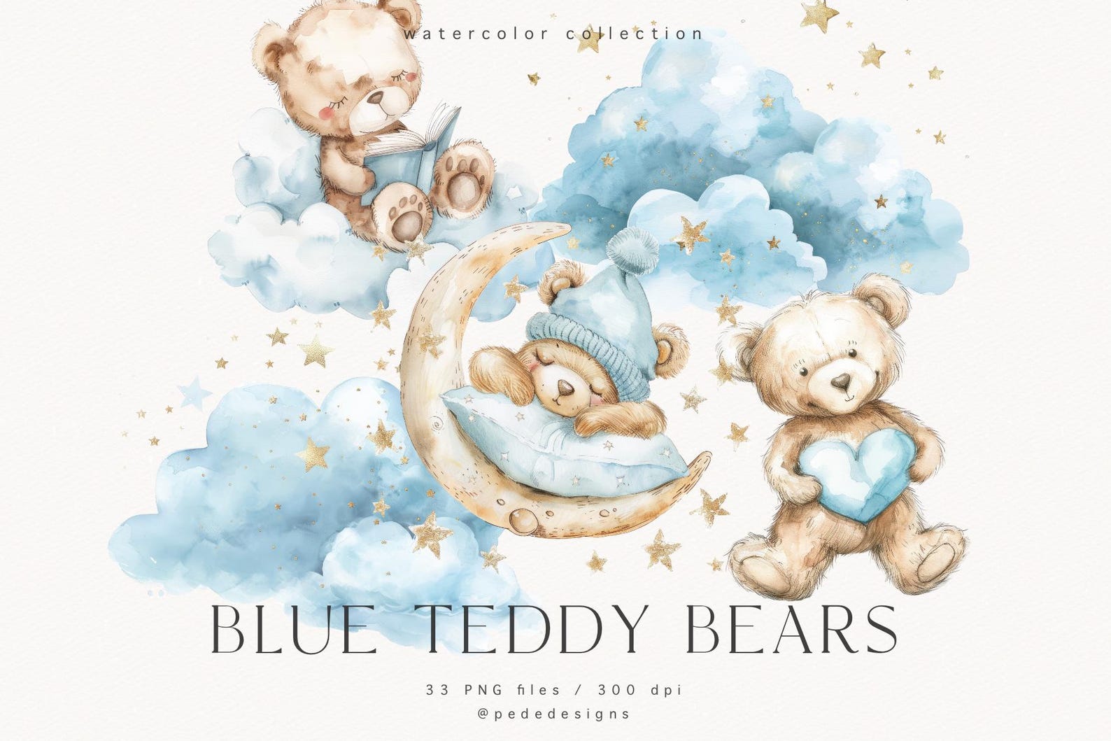 Blue Teddy Bears Clip Art Set, Watercolor, Boys Plush Animals, Nursery ...