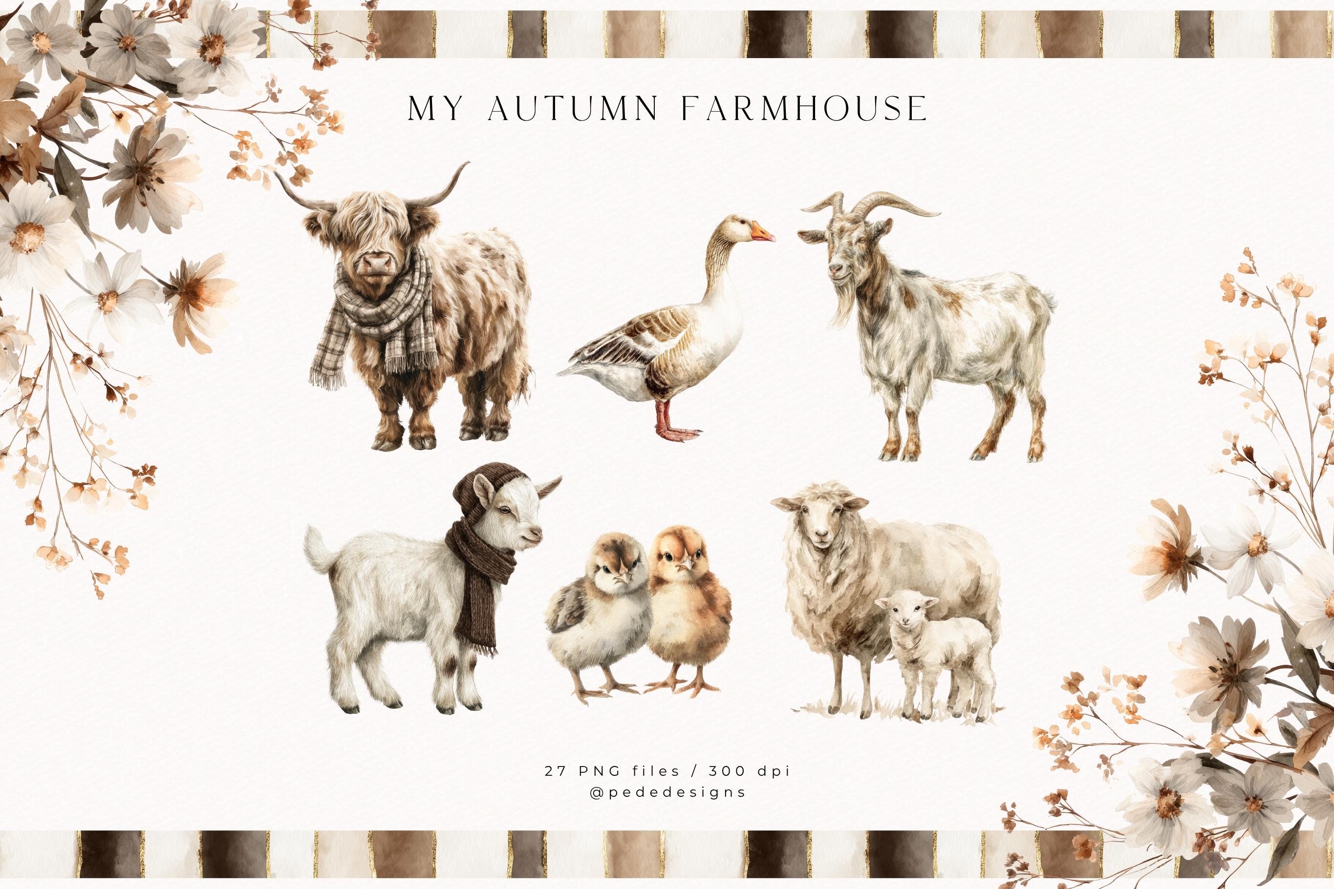 Watercolor Farm Animal Clipart: Goose, Duck, Cow, Pig, Goat (PNG ...