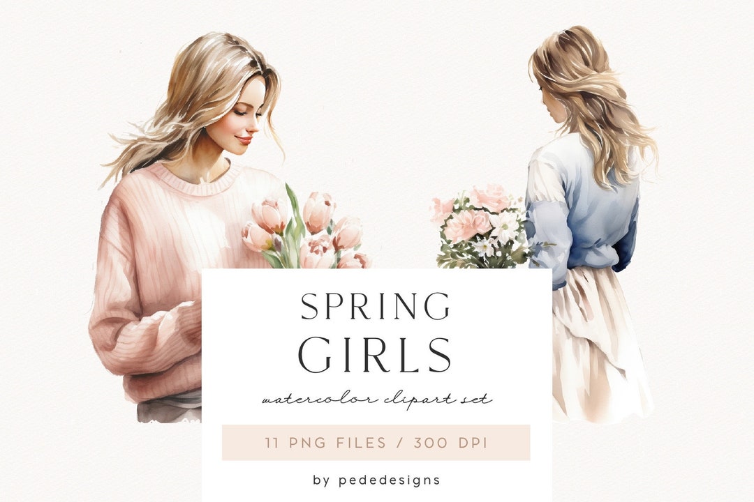 Spring Girls Clipart, Watercolor Girl Graphics, Watercolor Spring ...