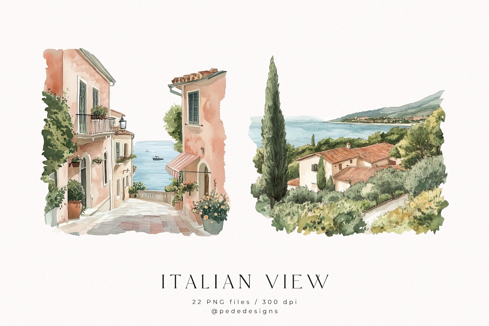 Watercolor Italian Coastal Clipart: Summer Travel Landscape (PNG ...