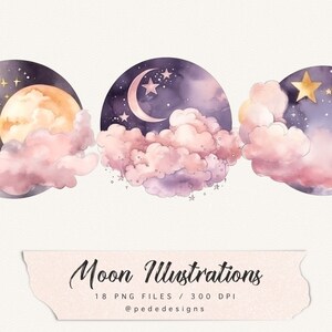 Watercolor Moon Illustrations, Pink Moon Clipart, Night Sky, Moon ...