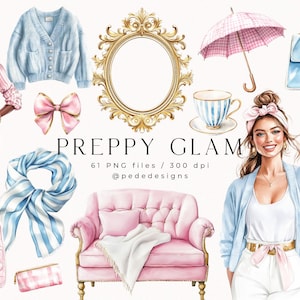 Preppy Glam Clip Art Set, Watercolor Spring Png, Girl Clipart, Stripes ...