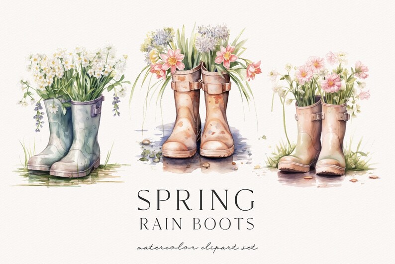 Spring Rain Boots, Watercolor Png Clipart, Spring Illustration, Garden ...