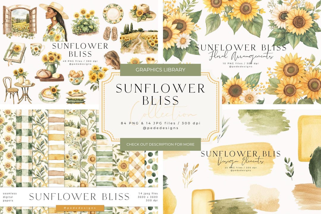 Watercolor Sunflower Clipart: Digital Paper Collection (download) - Etsy