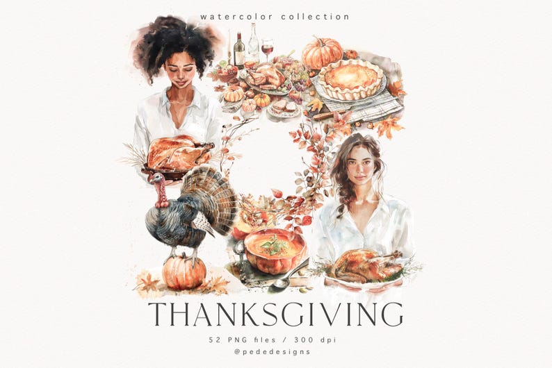 Thanksgiving Clip Art Set, Watercolor Fall Clipart, Food Graphics ...