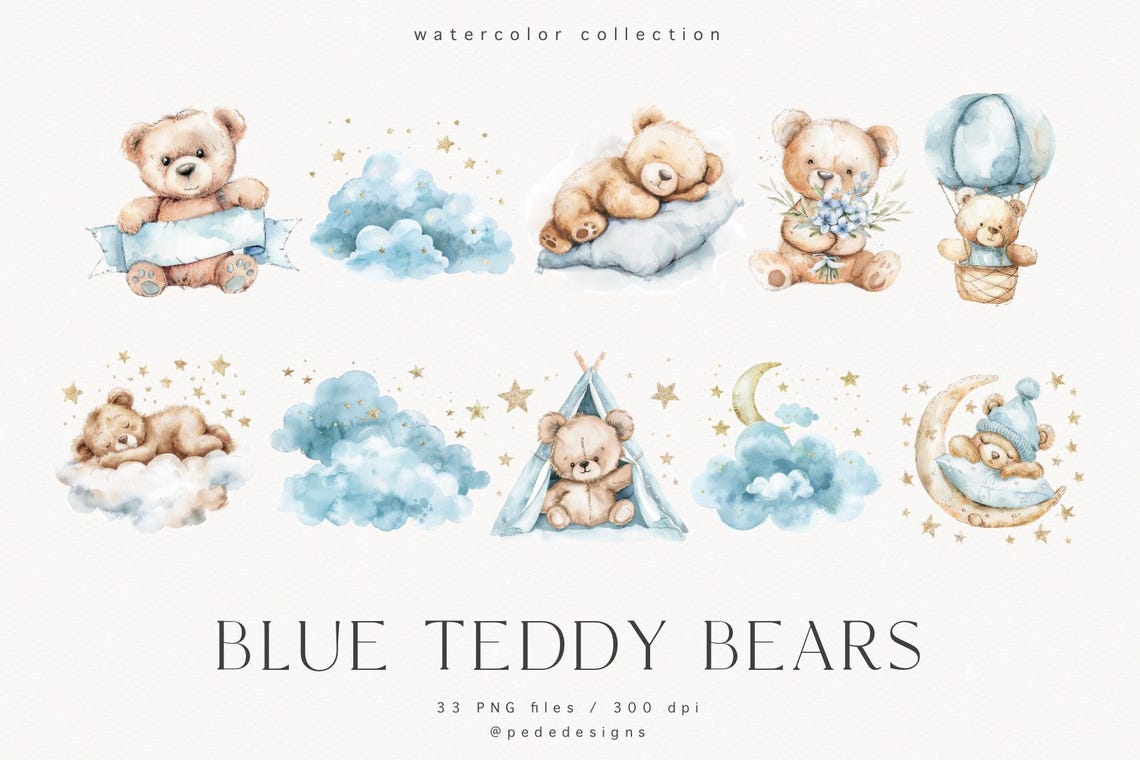 Blue Teddy Bears Clip Art Set, Watercolor, Boys Plush Animals, Nursery ...
