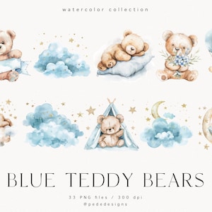 Blue Teddy Bears Clip Art Set, Watercolor, Boys Plush Animals, Nursery ...