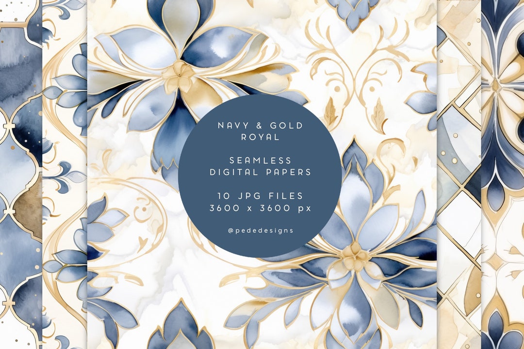 Navy Blue & Gold Royal Digital Paper Pack, Watercolor Seamless Papers ...