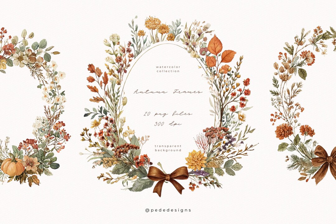 Watercolor Autumn Frames Clipart: Fall Flower Wreaths Graphics (digital ...