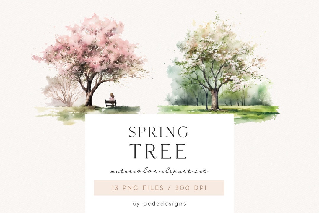 Spring Tree Clipart, Watercolor Spring Scene, Tree Landscape, Floral ...