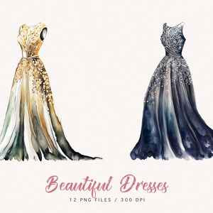 Watercolor Dresses Clipart, Gold, Pink, Black, Hand Painted, Fashion ...