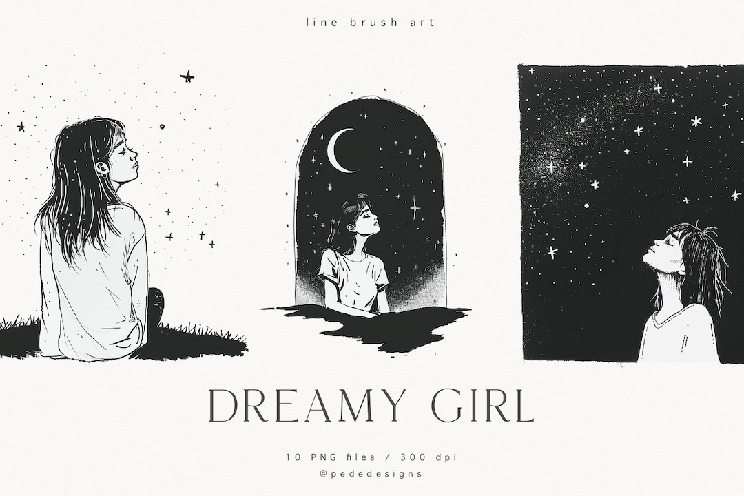 Line Brush Art, Dreamy Girl Portrait, Girl Clipart, Night Sky, Fine ...