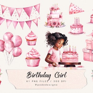 Watercolor Pink Birthday Clip Art, Birthday Girl Clipart, Party ...
