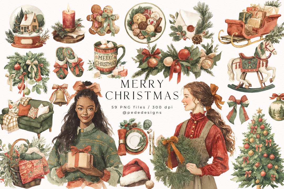 Merry Christmas Watercolor Clipart: Seasonal PNG Graphics (digital ...