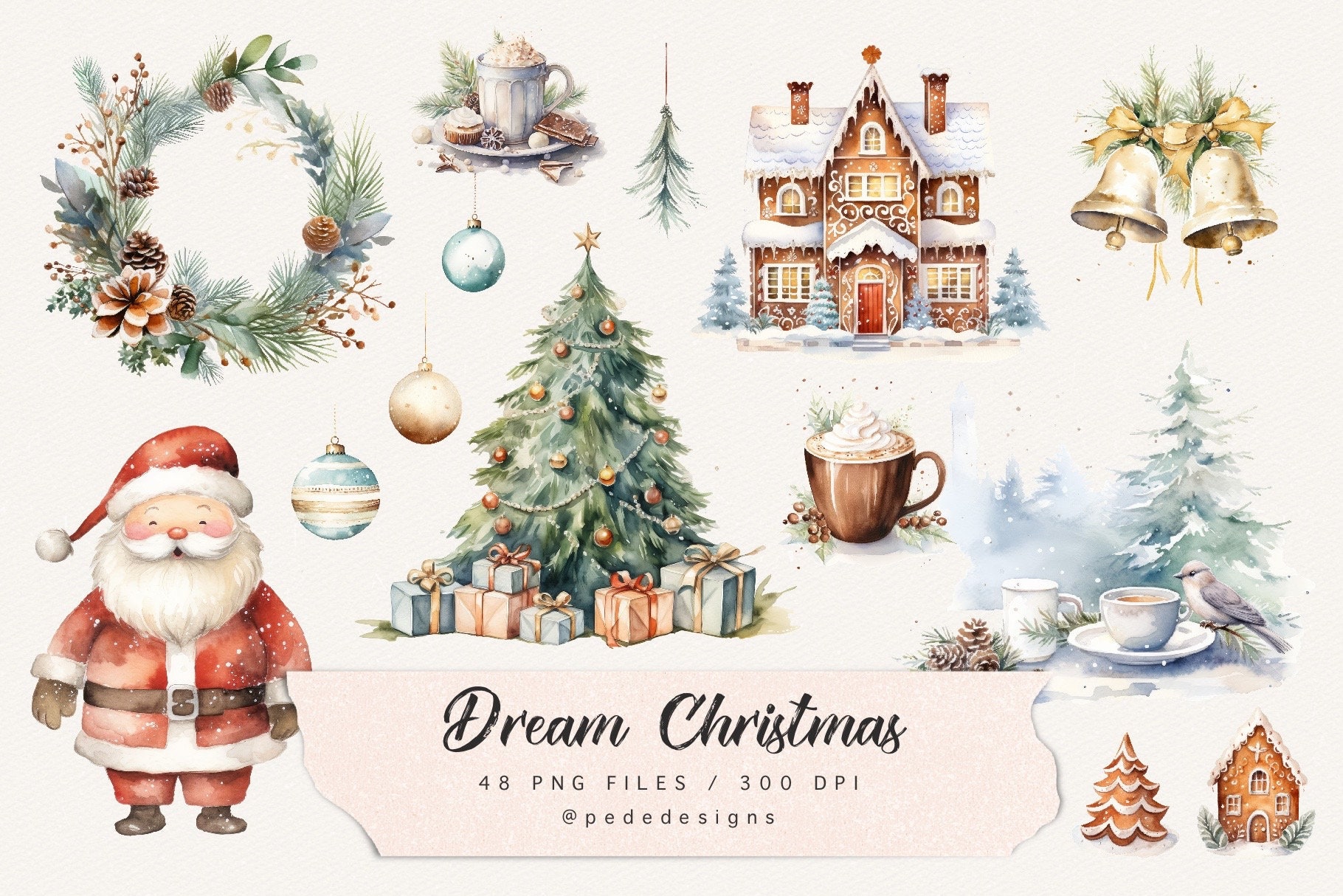 Watercolor Christmas Clipart: Winter PNG Graphics, Santa, Ornaments ...