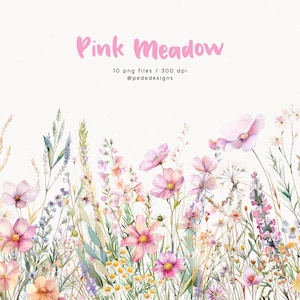 Pink Meadow, Watercolor Meadow Clipart, Watercolor Wild Floral, Floral ...