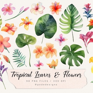Tropical Leaves & Flowers, Watercolor Clip Art, Exotic Clipart ...