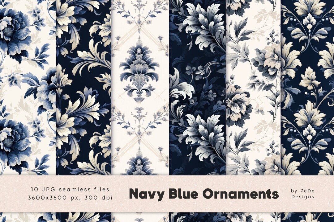 Navy Blue Floral Damask Digital Paper Pack: Seamless Patterns (digital ...
