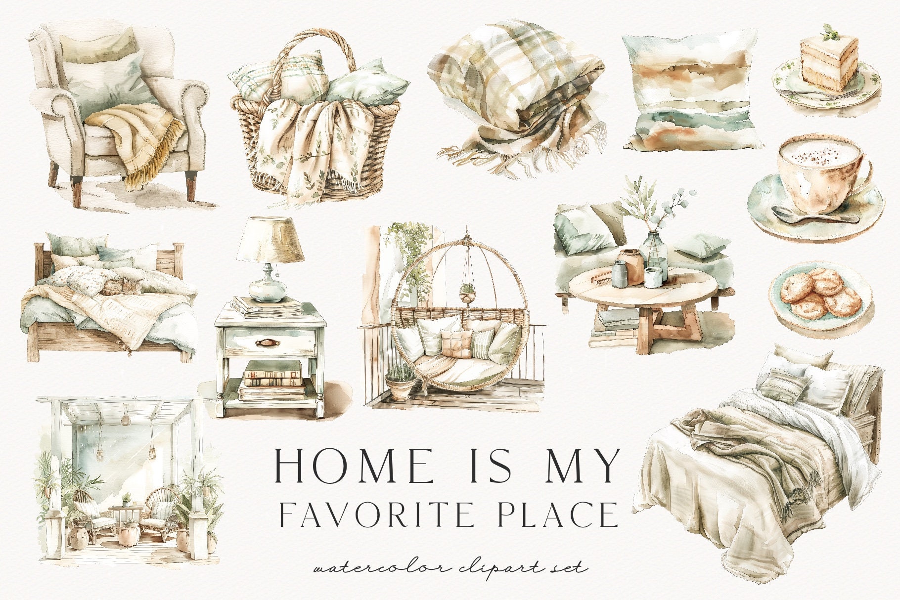 Cozy Home Watercolor Clipart Set, Bed, Fireplace, Books (35 PNG Files ...