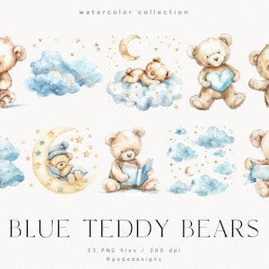 Blue Teddy Bears Clip Art Set, Watercolor, Boys Plush Animals, Nursery ...