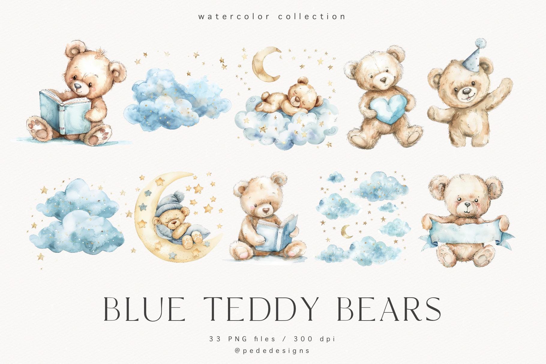 Blue Teddy Bears Clip Art Set, Watercolor, Boys Plush Animals, Nursery ...