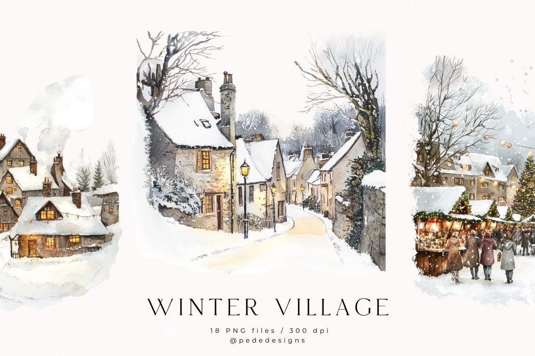 Winter Village, Watercolor Winter Scenery, Winter Market Clipart ...
