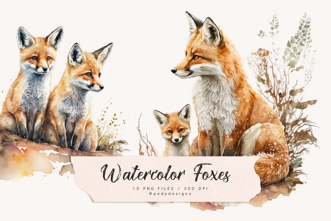 Watercolor Fox Clip Art, Sleeping Fox Clipart, Mama Fox With Little Fox ...