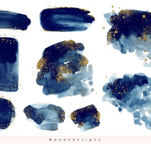 Watercolor Strokes Clipart, Gold Glitter, Navy Blue Watercolor Splash ...