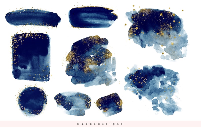 Watercolor Strokes Clipart Gold Glitter Navy Blue Watercolor - Etsy