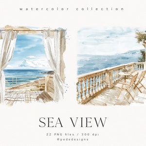 Watercolor Sea View Clipart, Mediterranean Travel Graphics, Summer ...