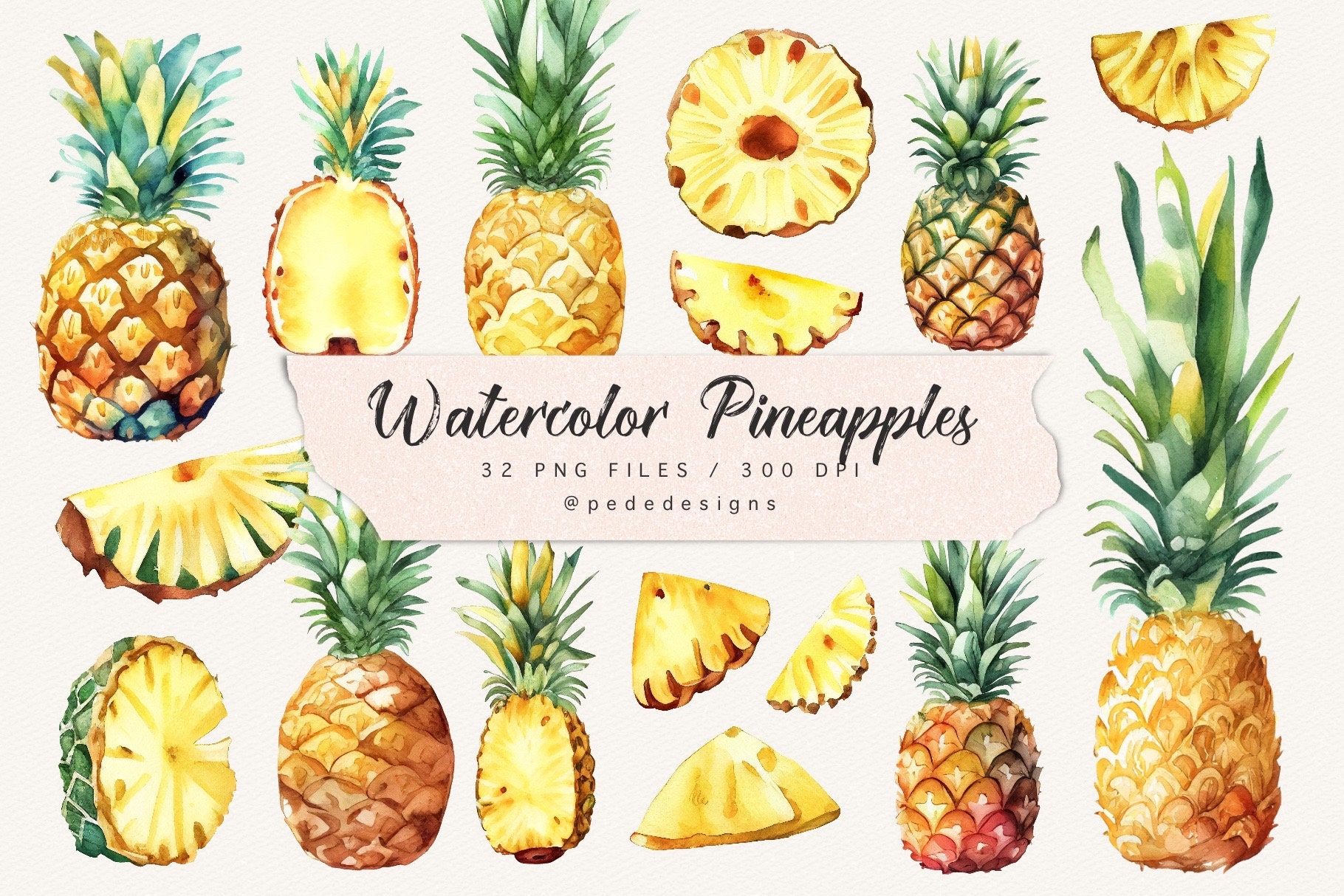 Watercolor Pineapples Clip Art Tropical Clipart Pineapple - Etsy