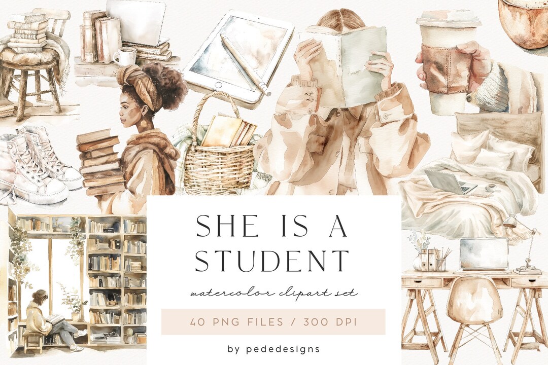 She is A Student Collection, Watercolor Clipart, Pretty Girl Clipart ...