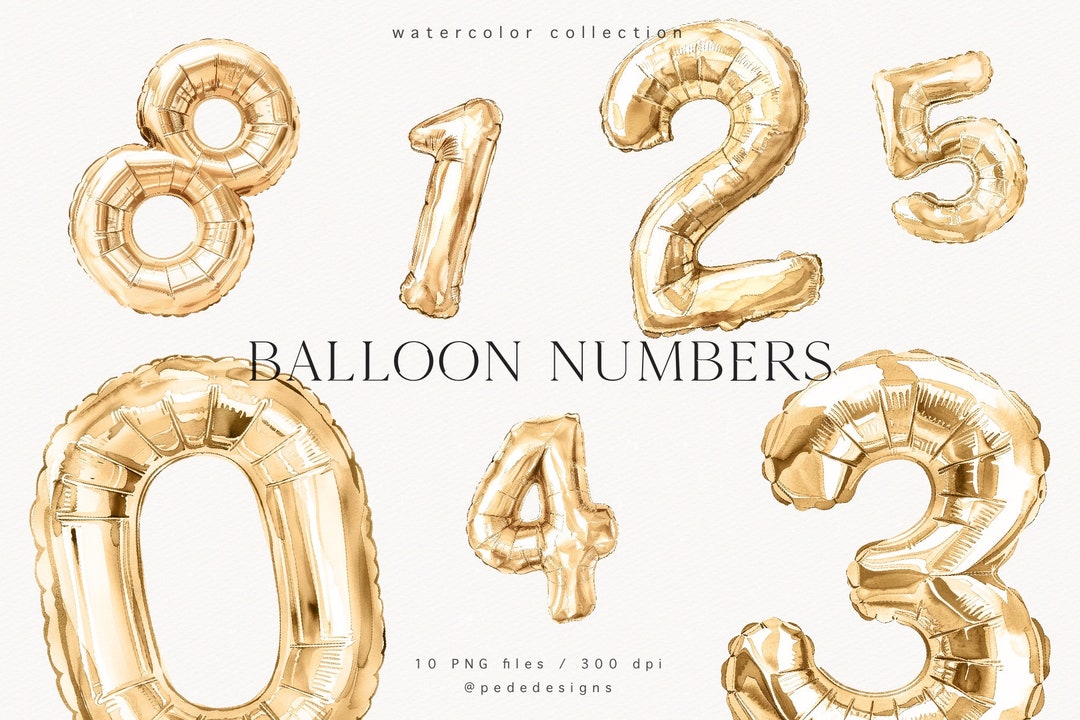 Gold Balloon Numbers Clipart Set, Foil Balloon Clipart, Party ...