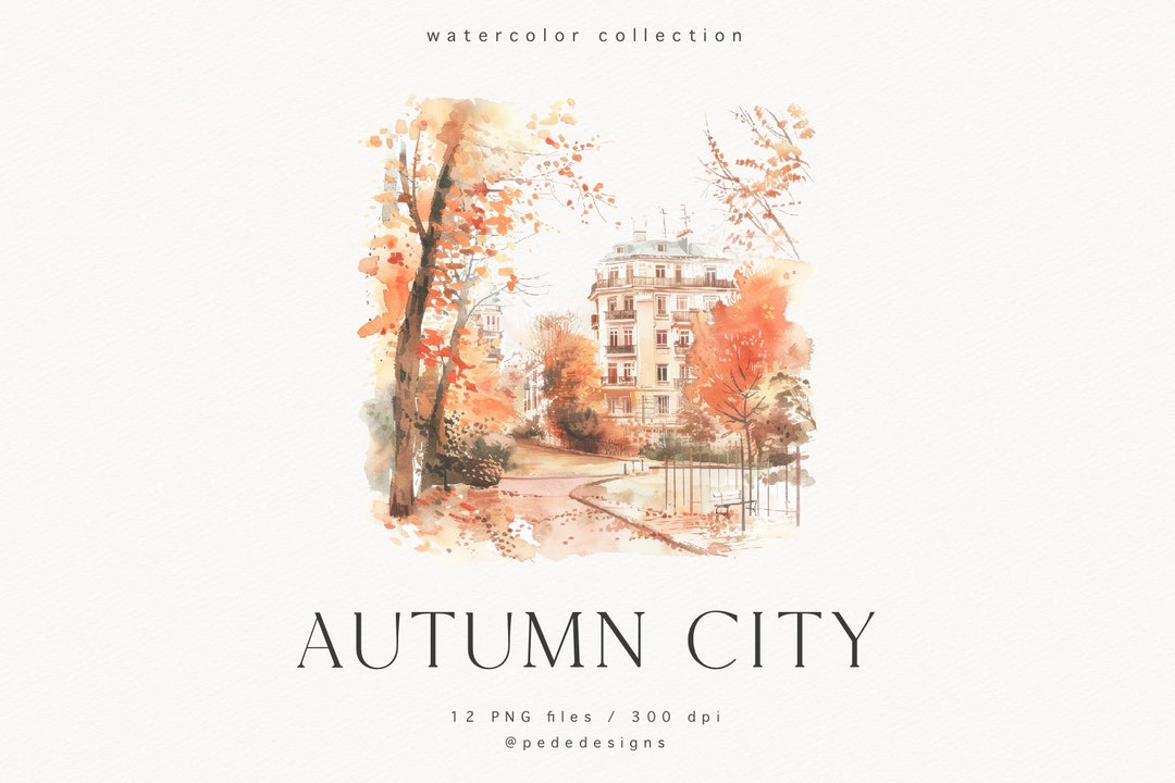 Autumn City Clip Art Set, Autumn Town, Watercolor Fall Scenery, Autumn ...