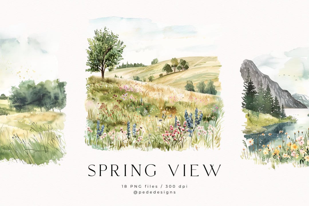 Spring Watercolor Landscape Clipart, Lake Scenery, Forest Hills (18 PNG ...
