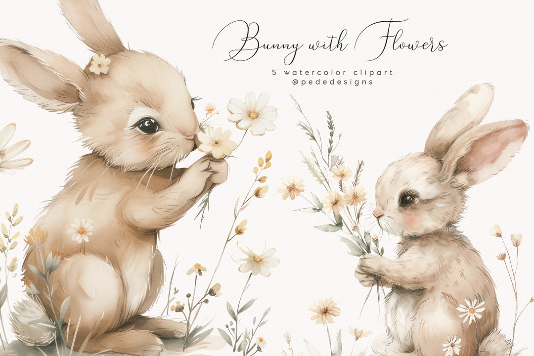 Bunny With Flowers Clipart, Watercolor Baby Bunny, Spring Png Graphics ...
