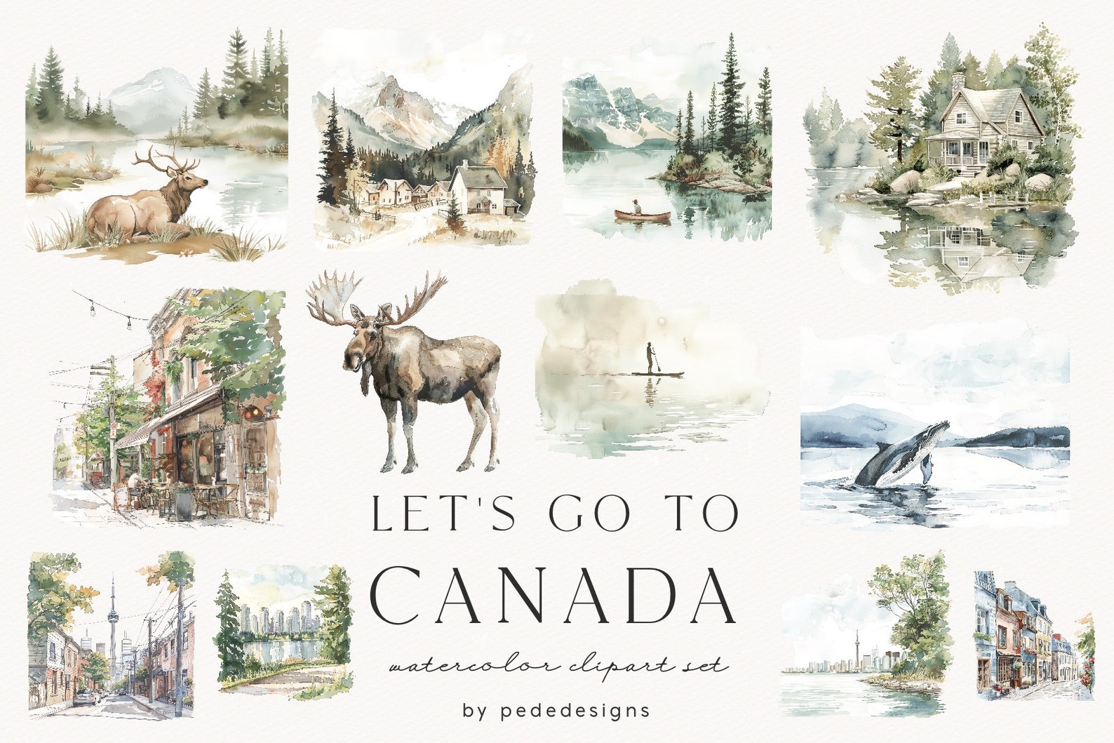 Let's Go to Canada, Watercolor Summer Clipart, Travel, Wild Life ...