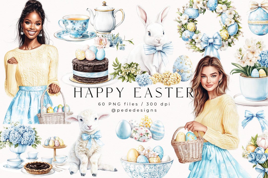 Happy Easter Clip Art Set, Watercolor Seasonal Graphics, Girl Clipart ...