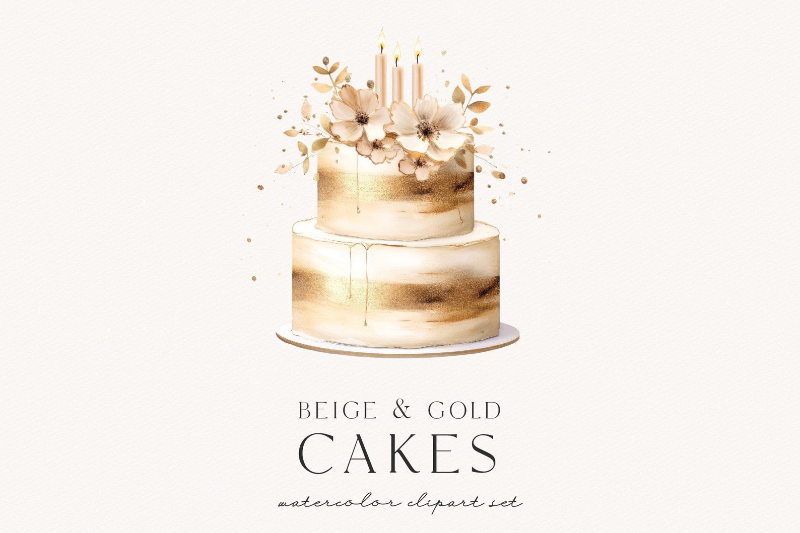 Beige & Gold Cakes Clipart, Wedding Clipart, Birthday Cake Illustration ...