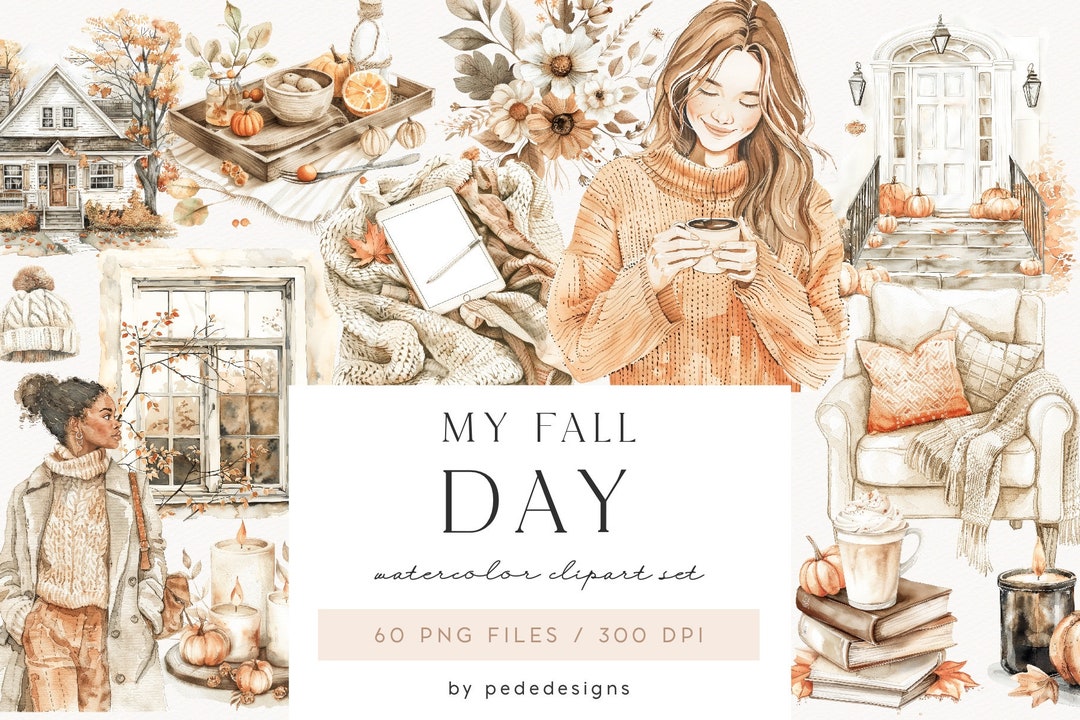 My Fall Day, Watercolor Autumn Clipart, Cozy Fall Png Graphics, Home ...