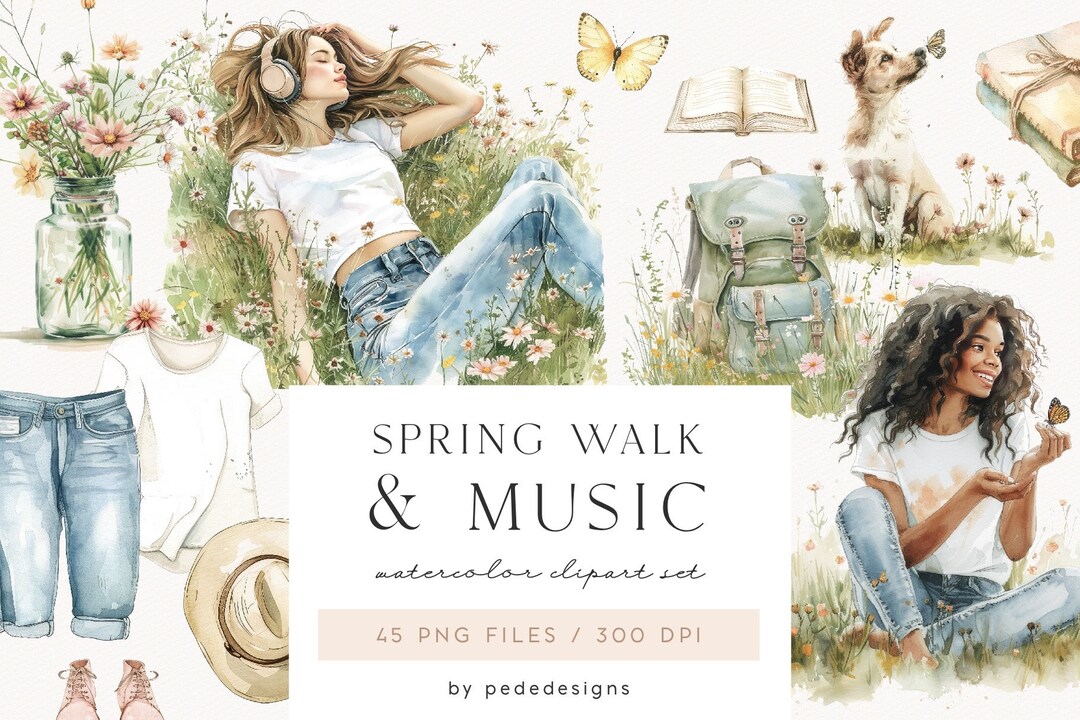Spring Walk & Music Collection, Watercolor Spring Graphics, Girl Next ...