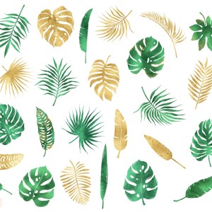 Green & Gold Tropical Leaves Clip Art, Botanical, Monstera, Gold Foil ...