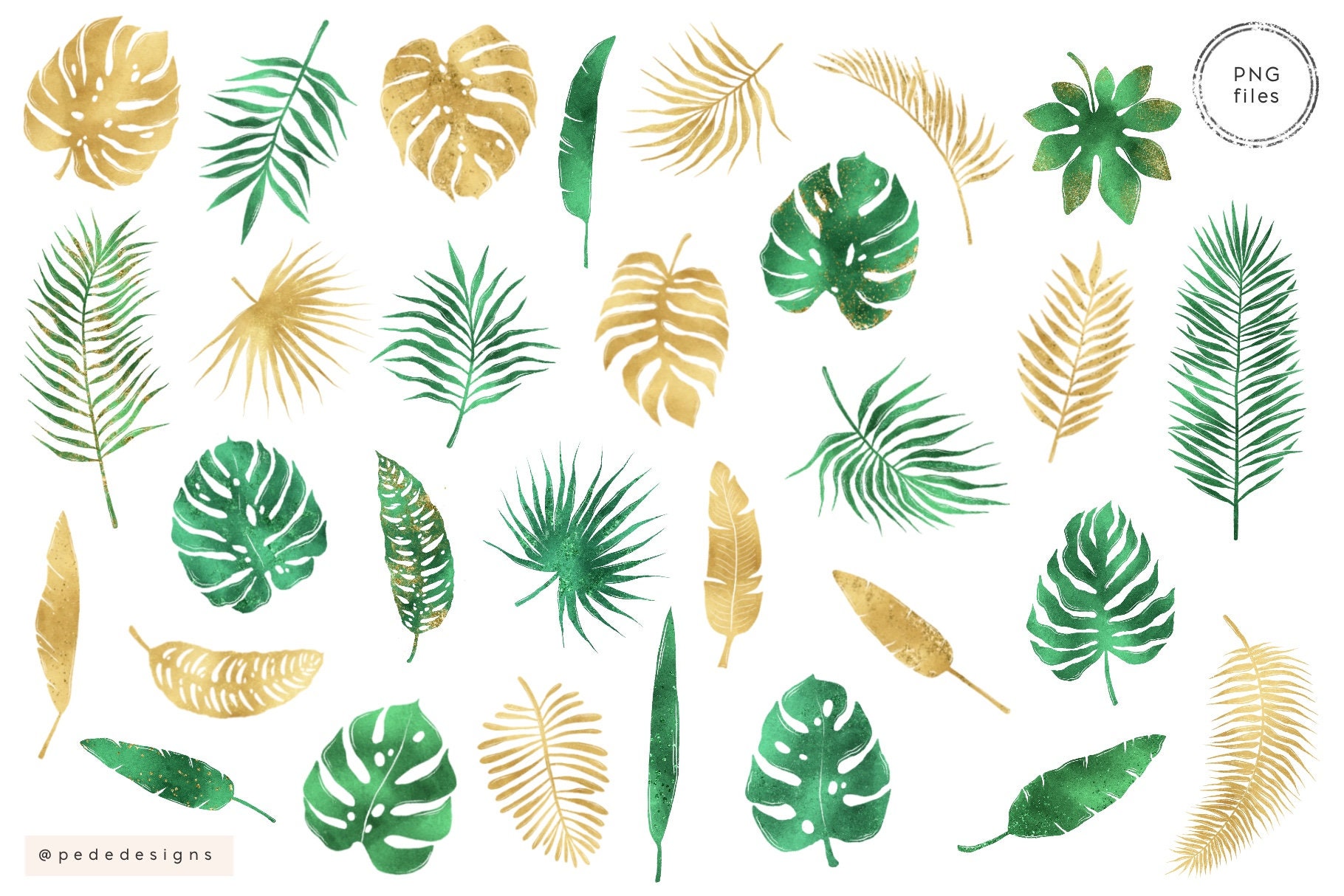 Green & Gold Tropical Leaves Clip Art, Botanical, Monstera, Gold Foil ...