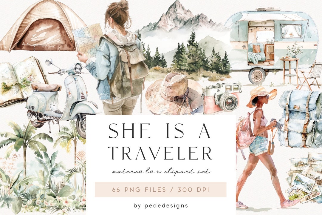 She is a Traveler, Watercolor Summer Clipart, Travel Graphics, Girl ...