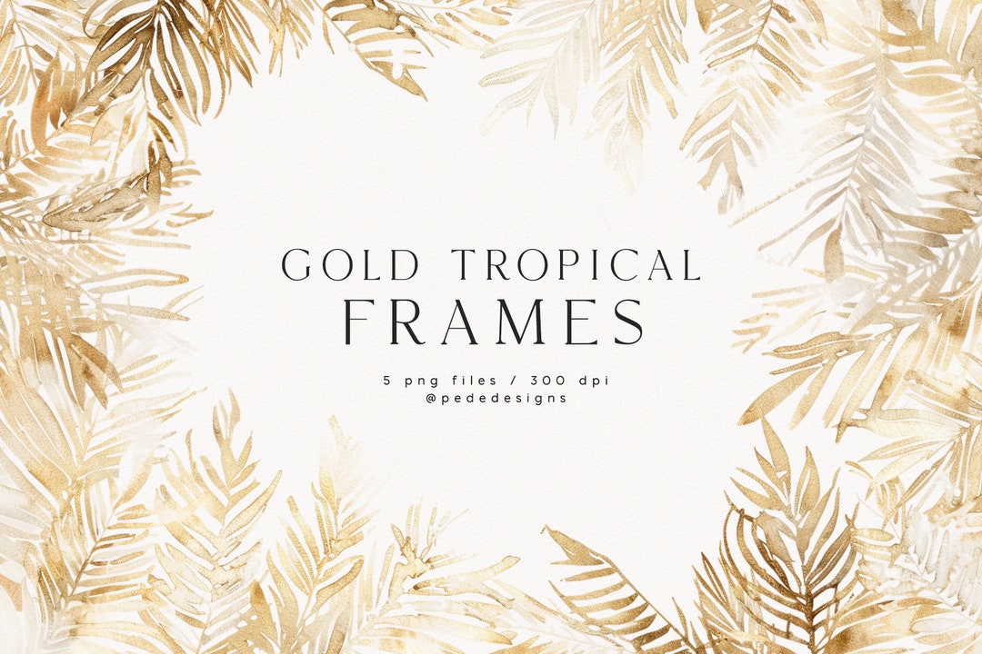 Gold Tropical Frames, Watercolor Boho Summer Clipart, Exotic Elements ...