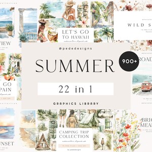 Summer Bundle, Clipart Library, Watercolor Illustrations Set, Seasonal ...