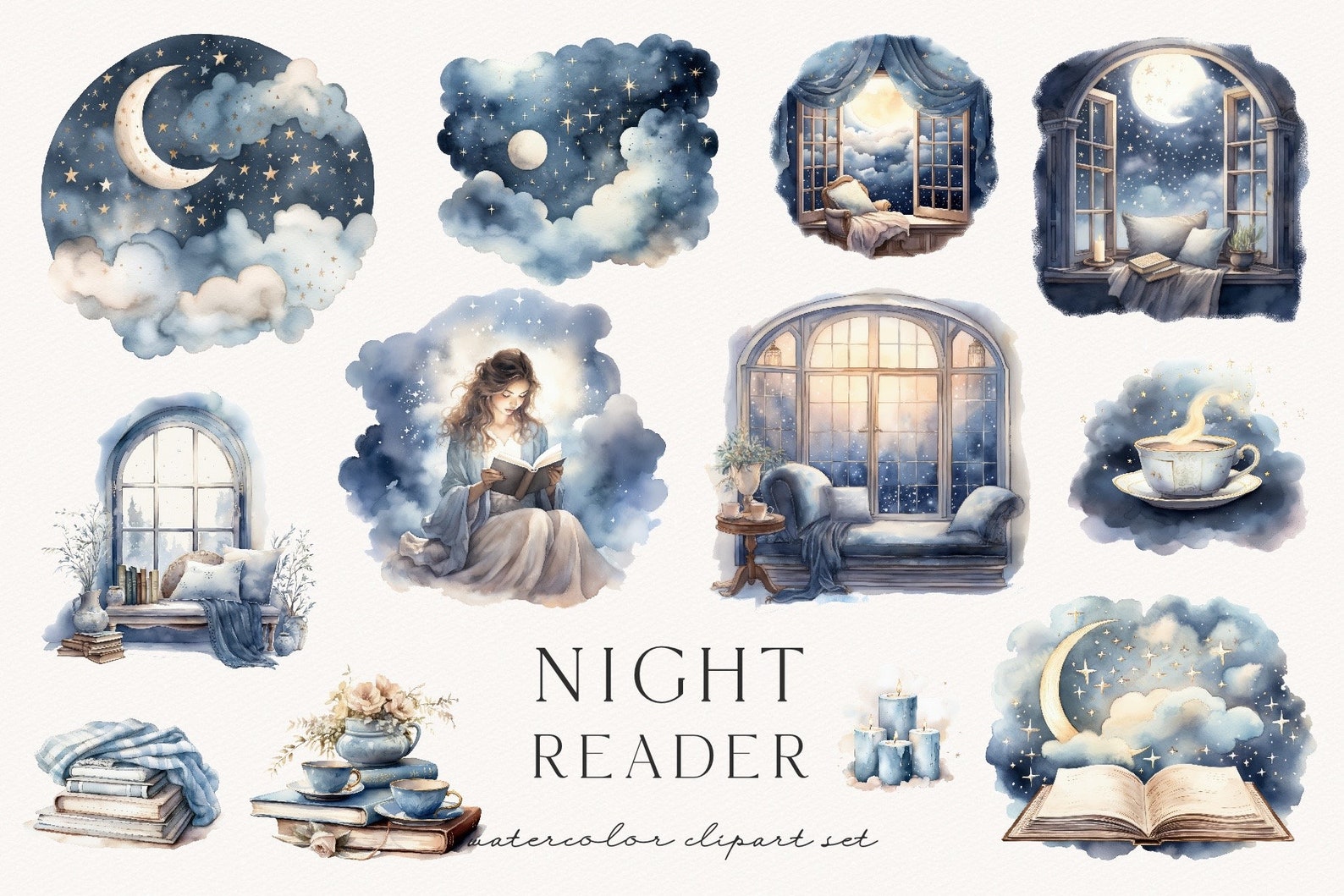 Night Reader, Watercolor Books Clipart, Moon and Stars, Night Reading ...