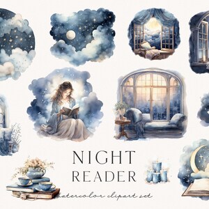 Night Reader, Watercolor Books Clipart, Moon and Stars, Night Reading ...