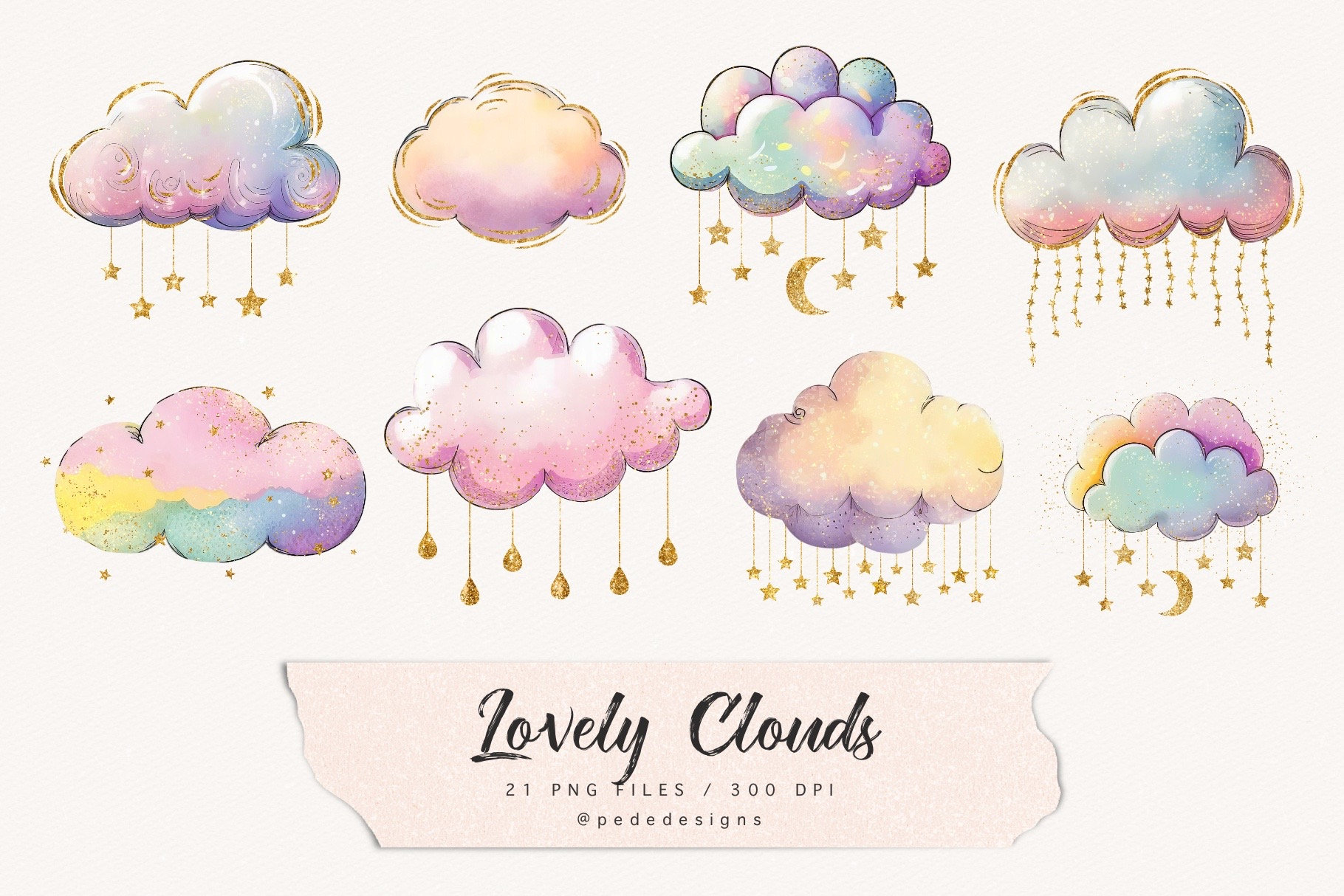 Lovely Clouds Clipart Clouds With Stars Glitter Clipart - Etsy UK
