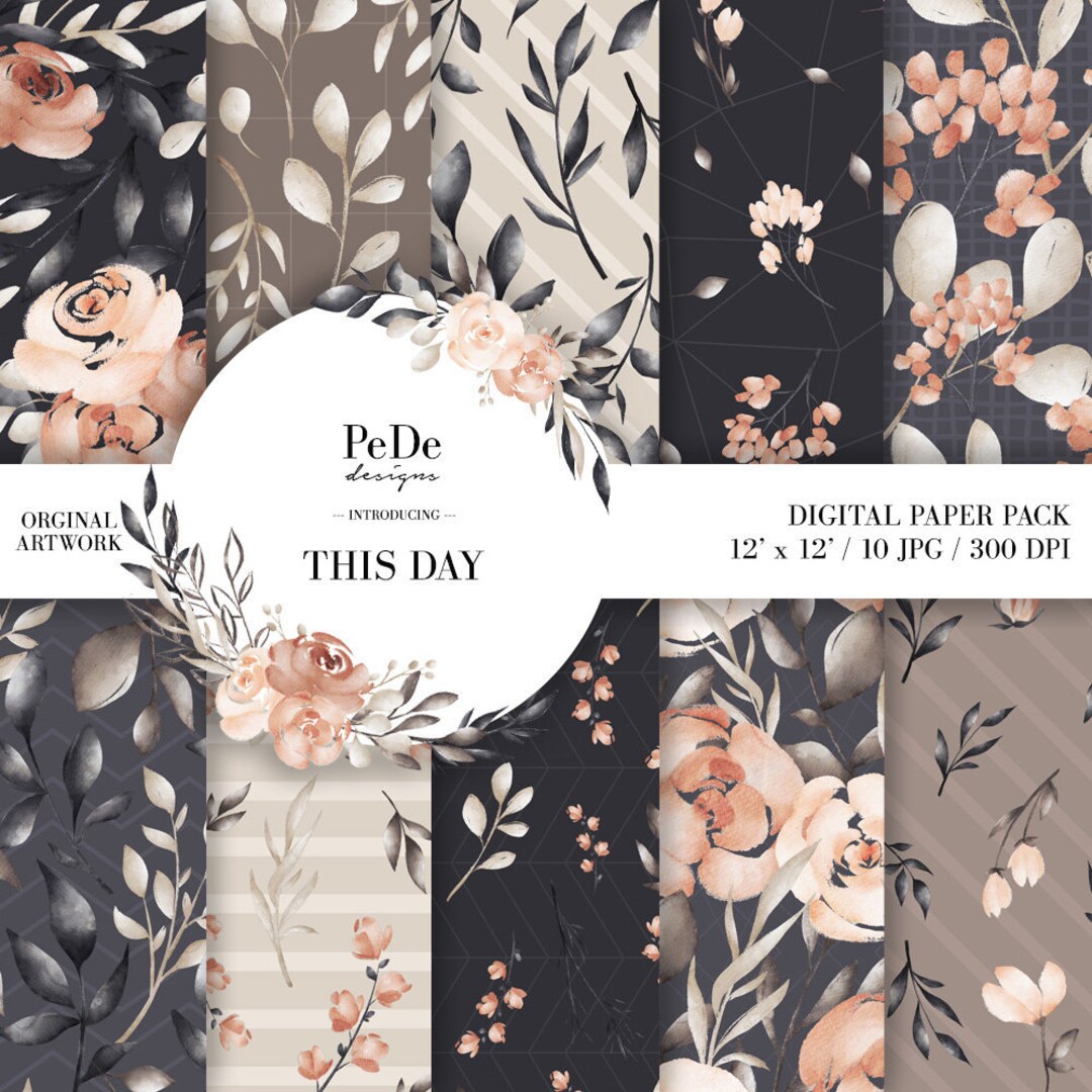 This Day, Watercolor Digital Paper Pack, Floral Patterns, Rustic ...